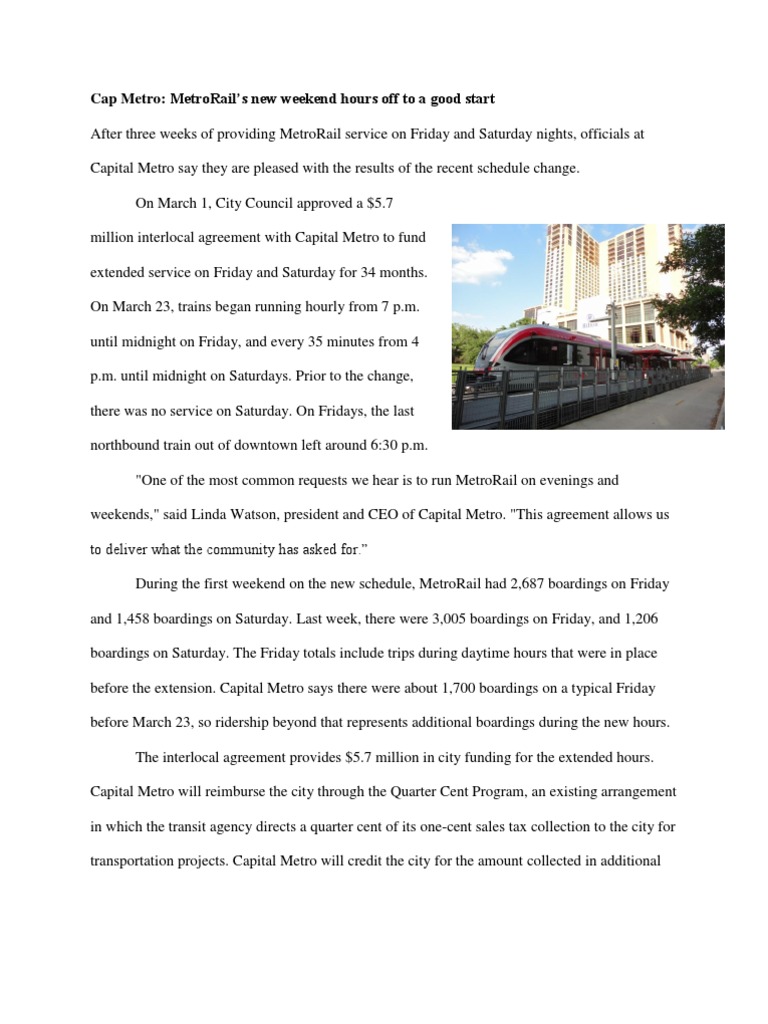 Cap Metro: Metrorail'S New Weekend Hours Off To A Good Start | PDF ...