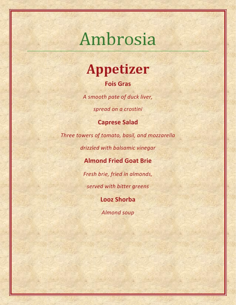 Ambrosia Menu: Appetizers to Desserts | PDF | Cooking, Food & Wine