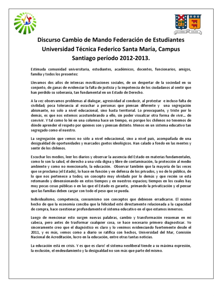 Discurso Cambio de Mando - Victoria Moreau Presidenta FEUSAM 2013 | PDF ...