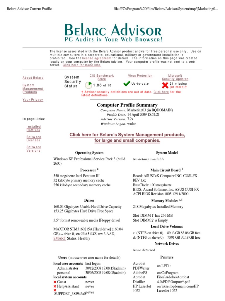 Belarc Advisor Wulan (140409) | PDF | Microsoft Windows | Microsoft