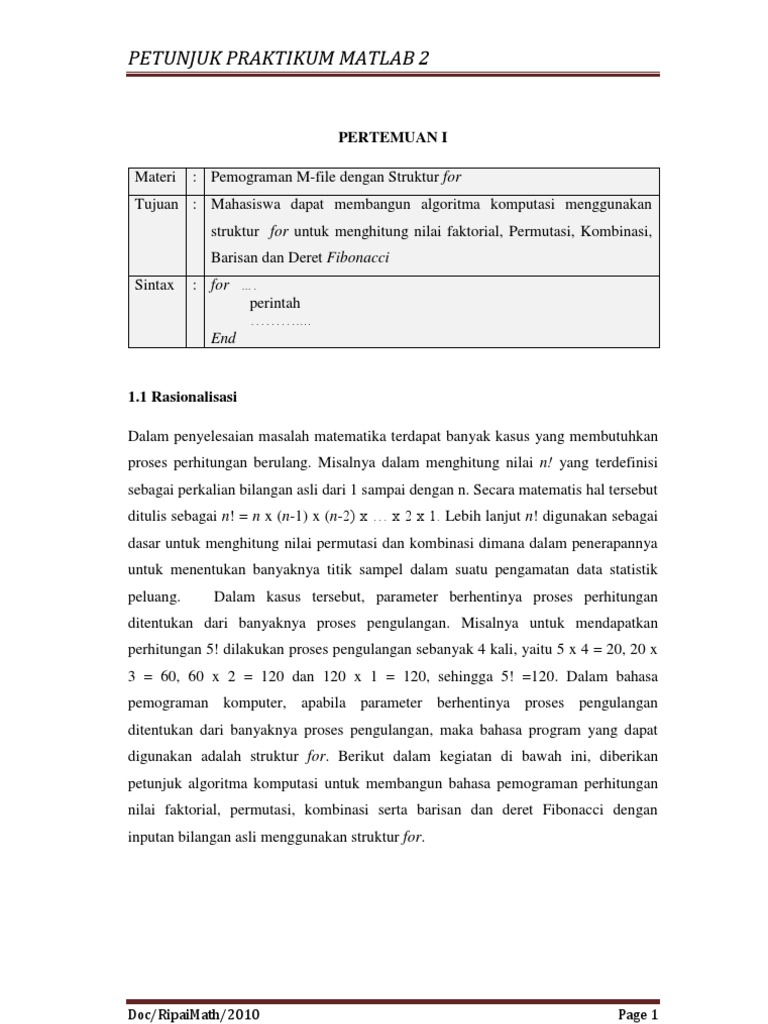 "Praktikum MATLAB: Struktur For" | PDF