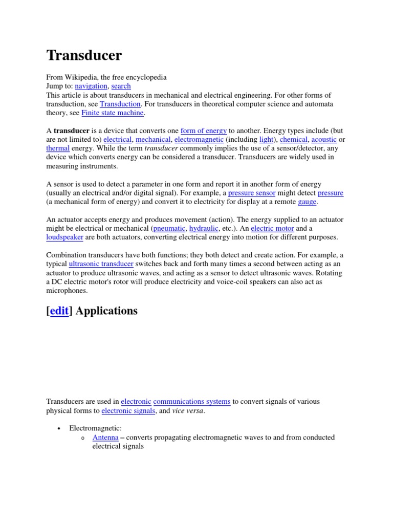 Transducer: Applications | PDF | Machines | Actuator