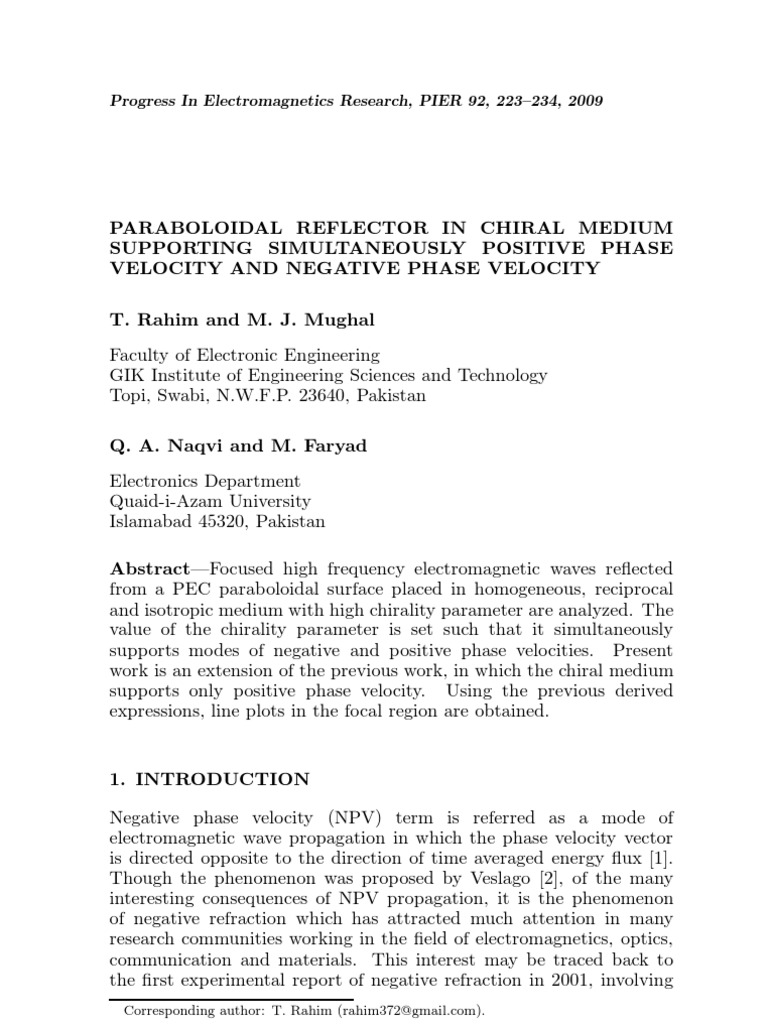 Paraboloidal Reflector in Chiral Medium Supporting Simultaneously Positive Phase Velocity and ...