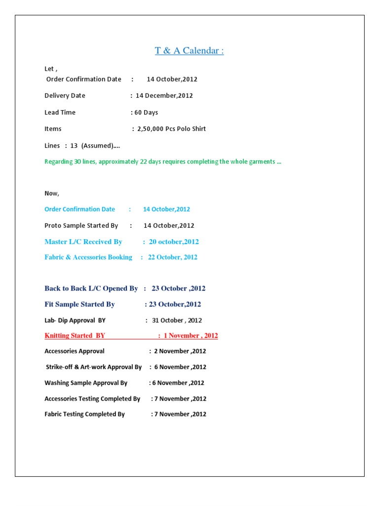 T&A Calendar for Polo Shirt Production | PDF | Art