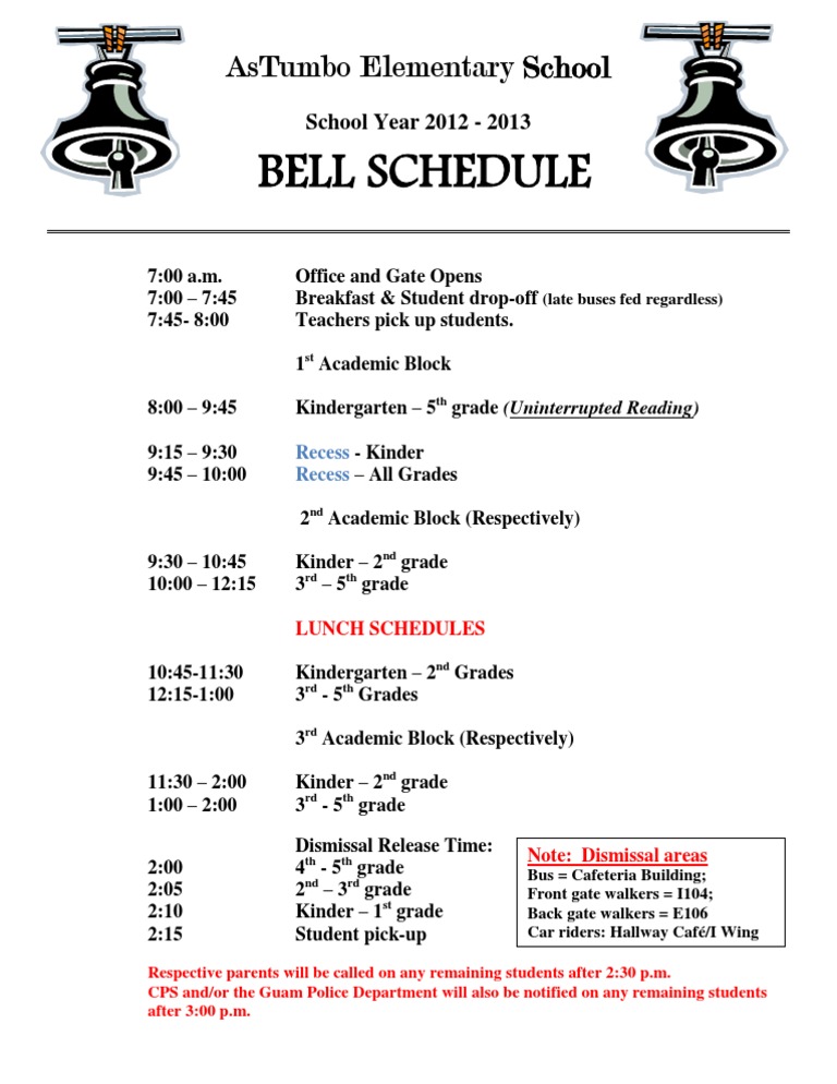 School Bell Schedule 2012-2013 | PDF