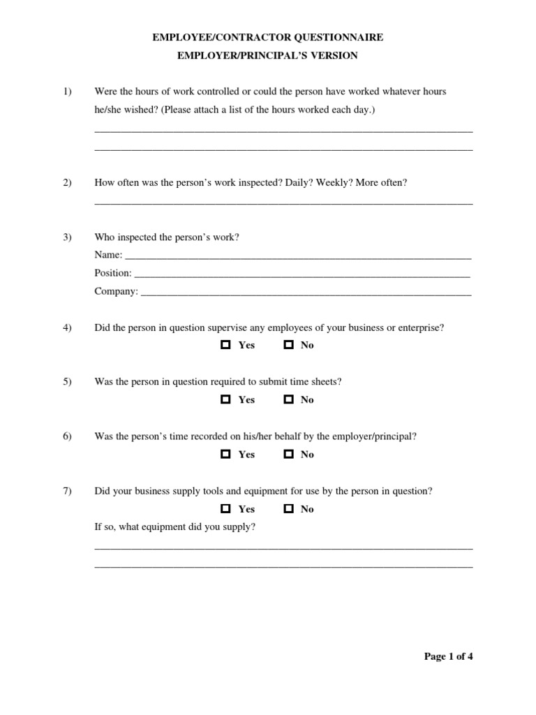 Employee/Contractor Questionnaire Employer/Principal'S Version | PDF ...