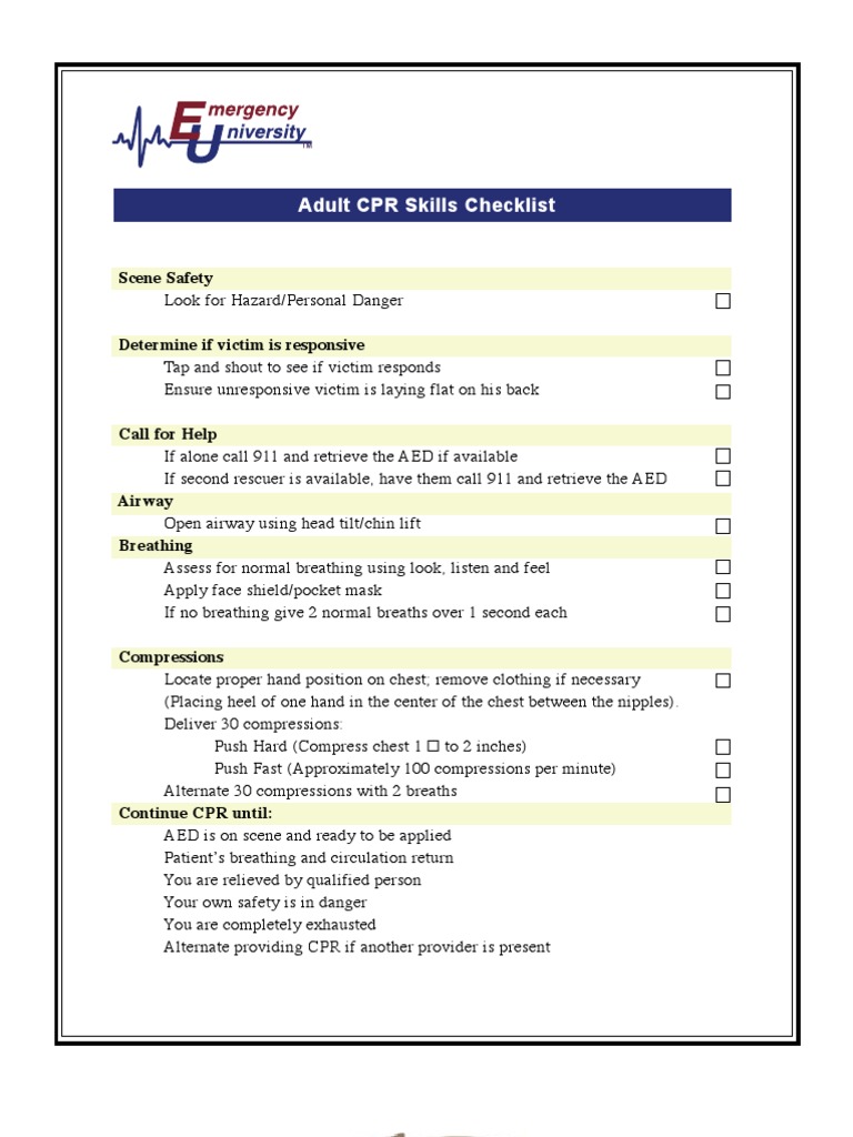 Adult CPR Skills Checklist: Scene Safety Determine If Victim Is Responsive | PDF