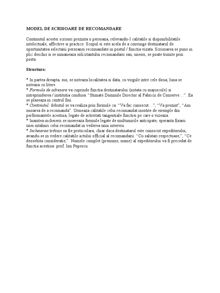 Model de Scrisoare de Recomandare 1 | PDF