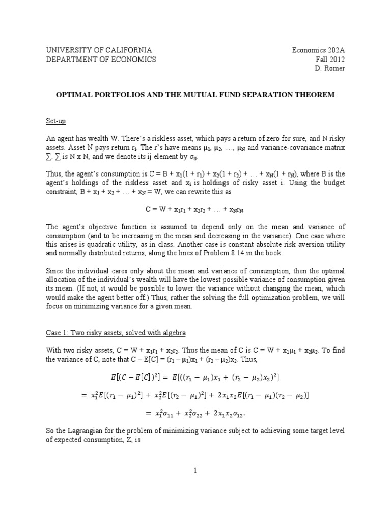 Optimal Portfolios and The Mutual Fund Separation Theorem: I 1 2 N Ij ...