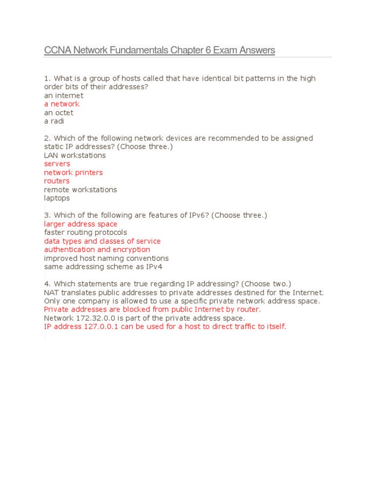 CCNA Network Fundamentals Chapter 6 Exam Answers | PDF | Computer ... CCNA Network Fundamentals Chapter 6 Exam Answers | PDF | Computer ...