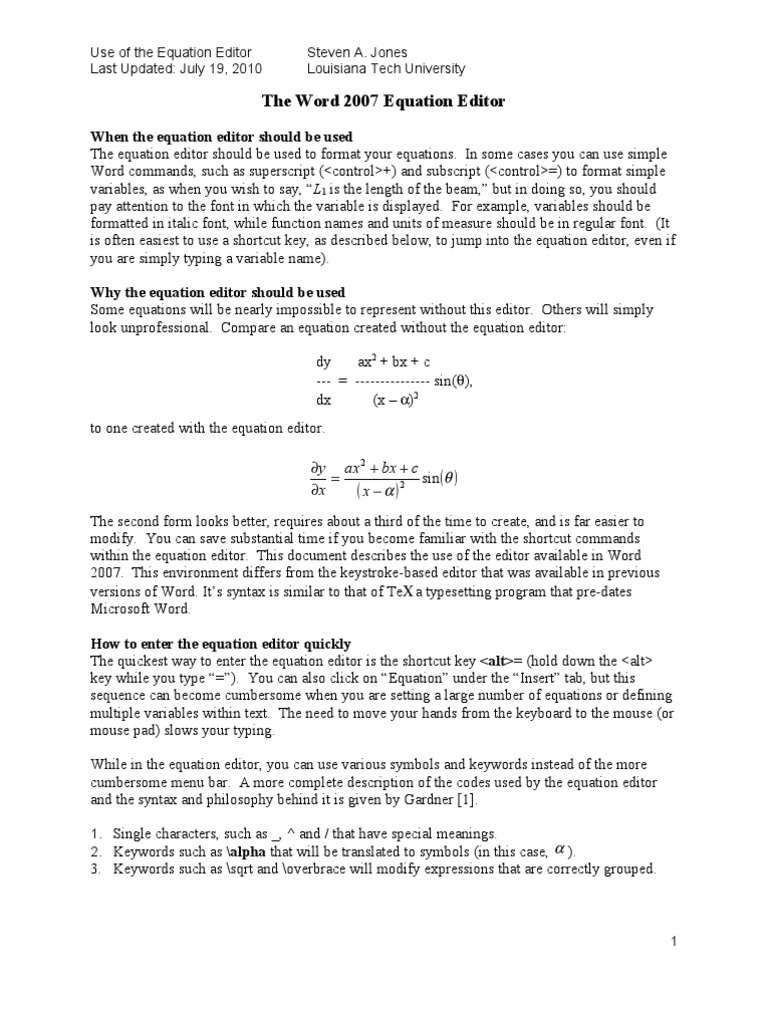 Word 2007 Equation Editor Shortcuts | PDF | Fraction (Mathematics ...