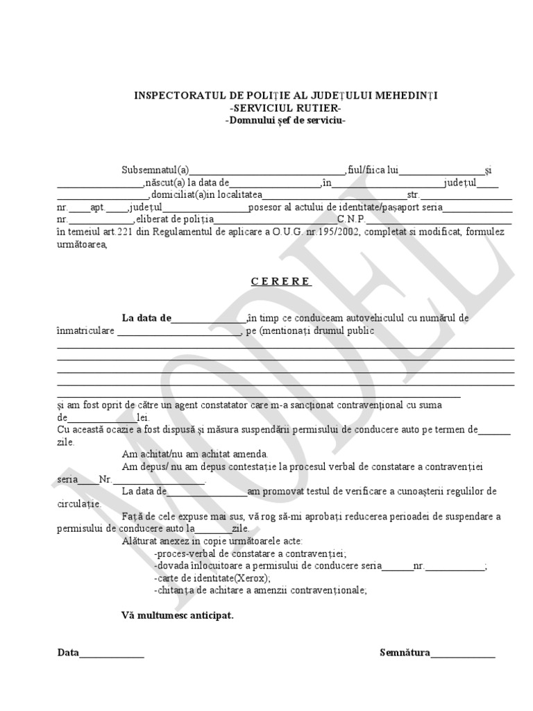 Cerere Reducere Perioada Suspendare Permis Conducere Auto | PDF