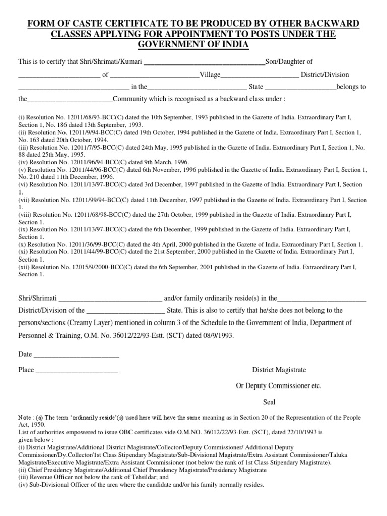 Format of Caste Certificate Obc Final | Download Free PDF | Magistrate ...