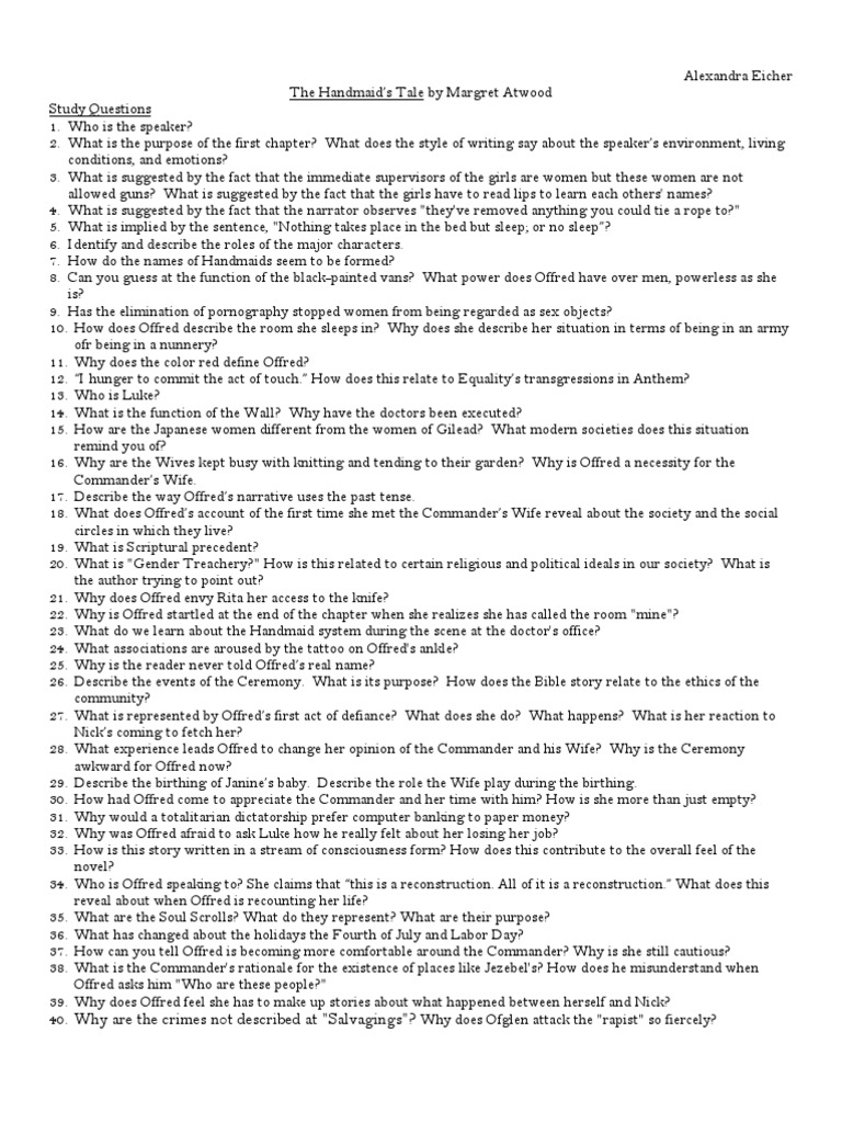 Handmaid's Tale Study Questions | PDF