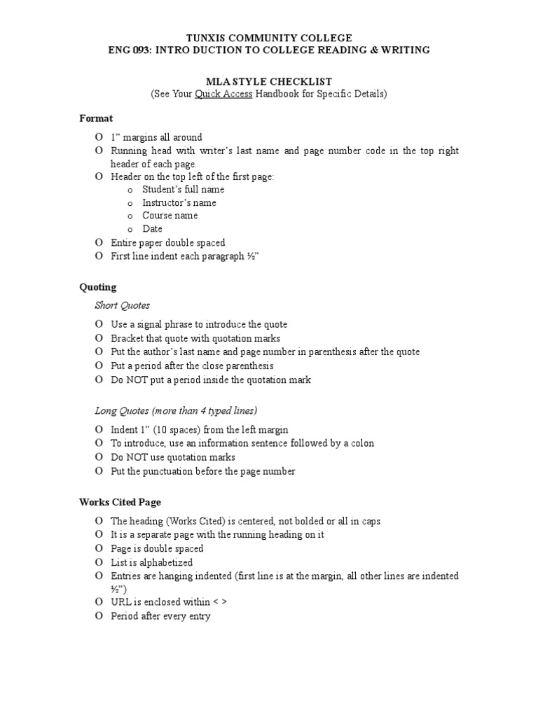 MLA Style Checklist for ENG 093 | PDF