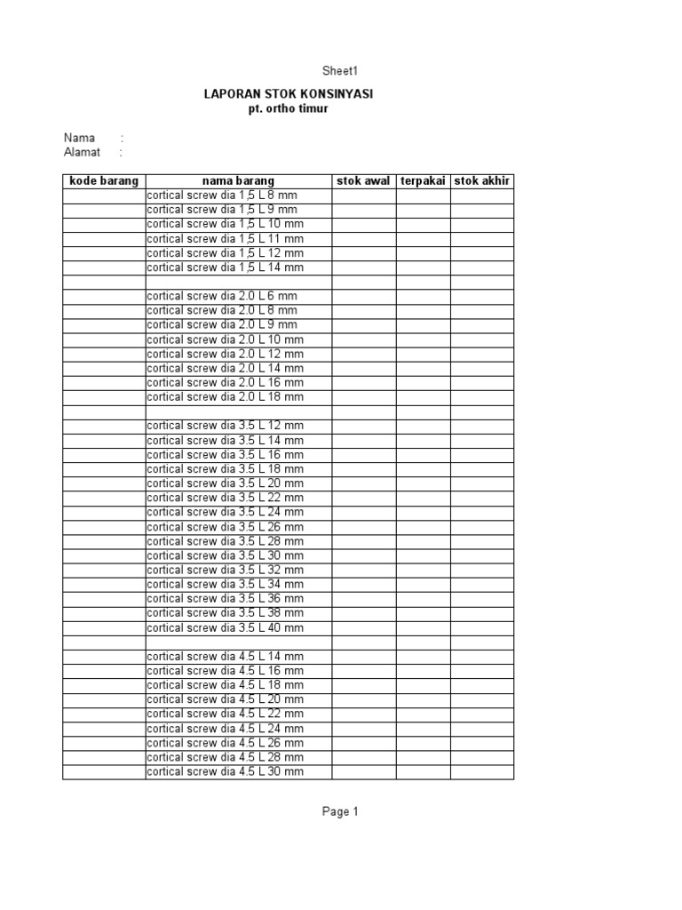 Form STOK Barang PT - Ortho Timur | PDF | Screw | Manufactured Goods