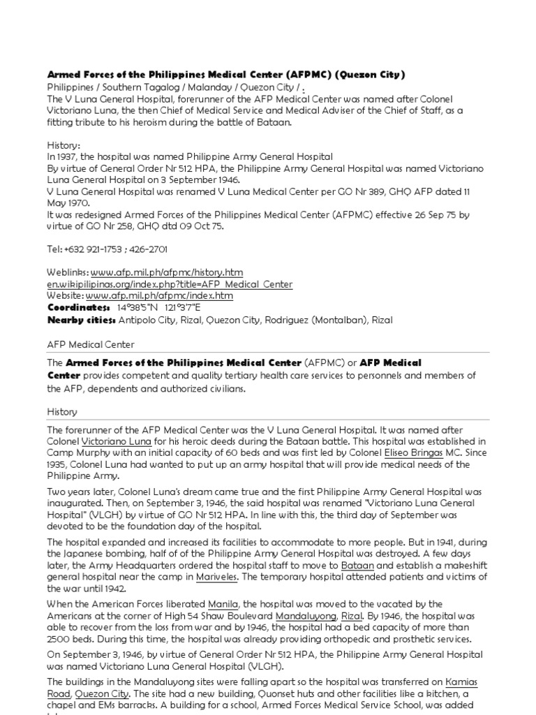 AFP Medical Center: History & Services | PDF | Hospital | Clinical Medicine