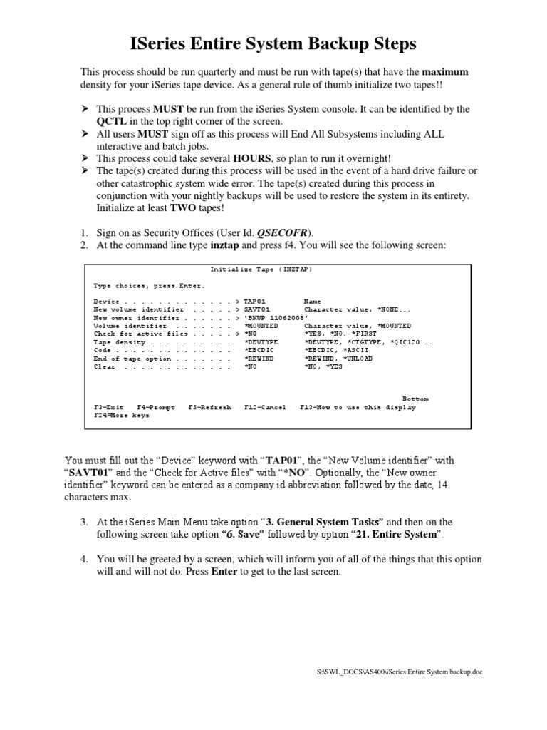 Iseries Entire System Backup | PDF | Ibm System I | Command Line Interface