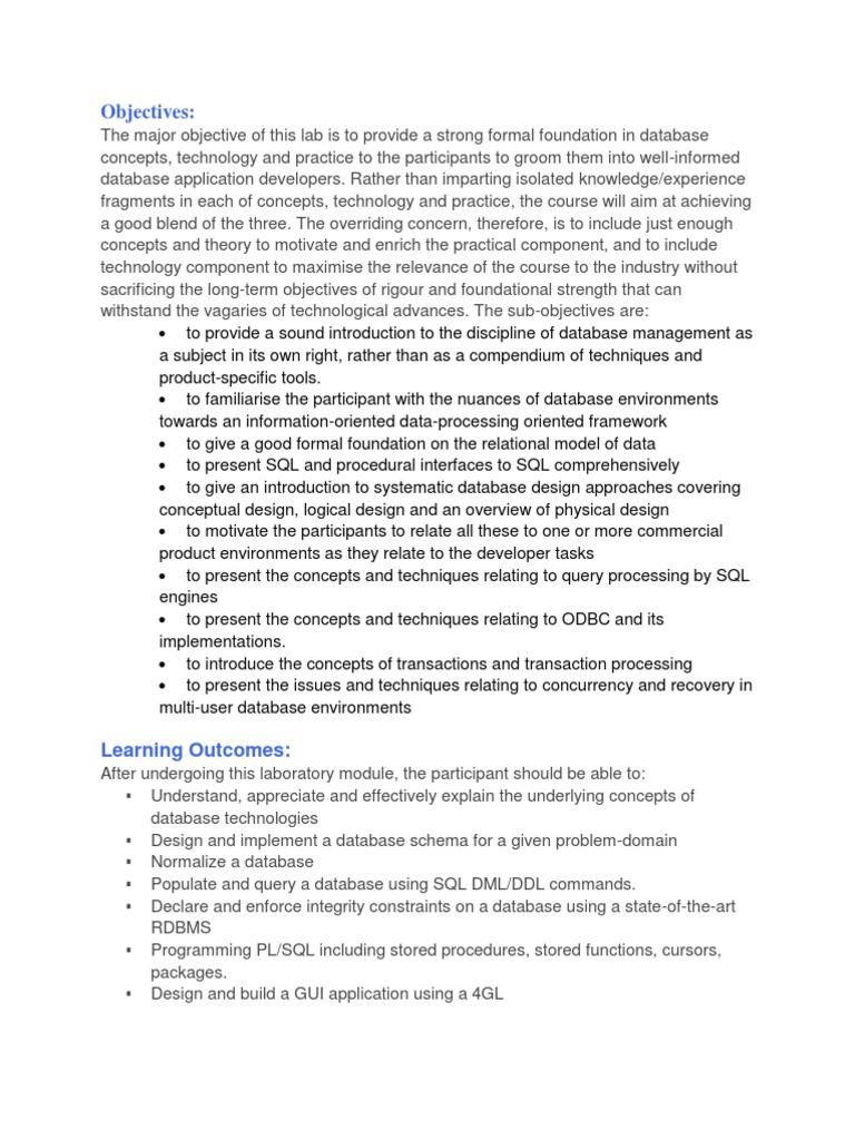 Sample Objective and Outcome For Dbms and Lab | PDF | Sql | Databases