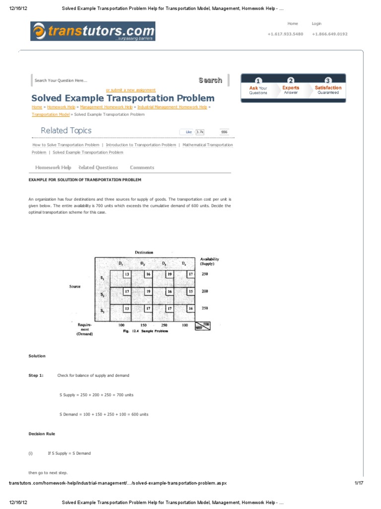 Solved Example Transportation Problem Help For Transportation Model ...