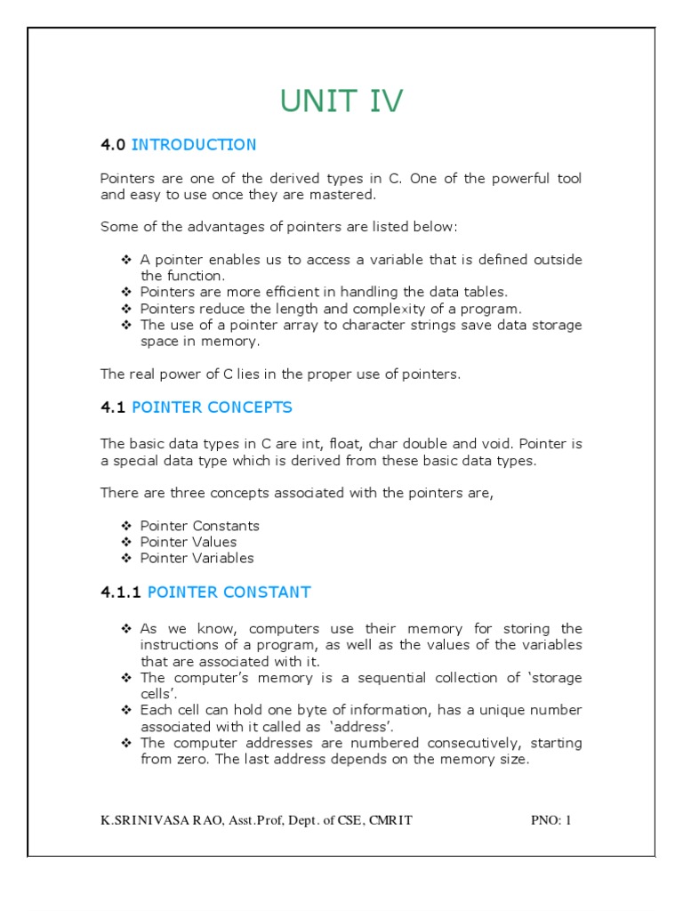 I Btech Cpds Unit 4 Notes Pdf Pointer Computer Programming Array Data Structure 