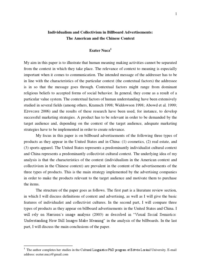 Individualism and Collectivism in Billboard Advertisements | PDF ...