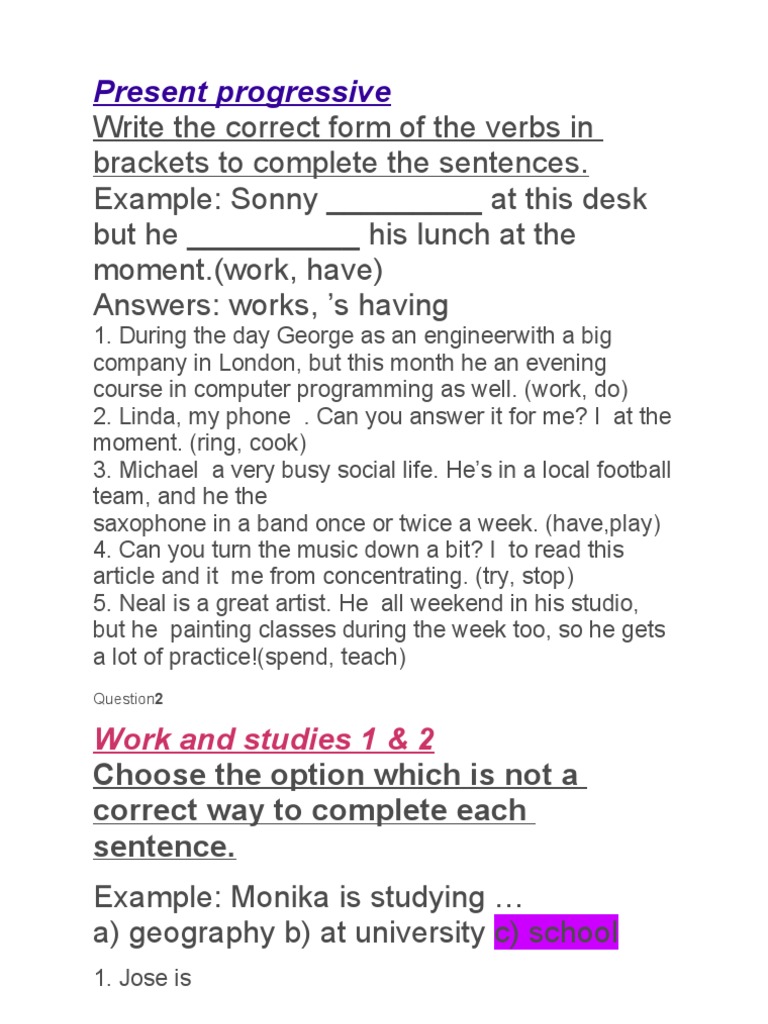 Present Progressive Sentence Exercises | PDF | Language Arts & Discipline