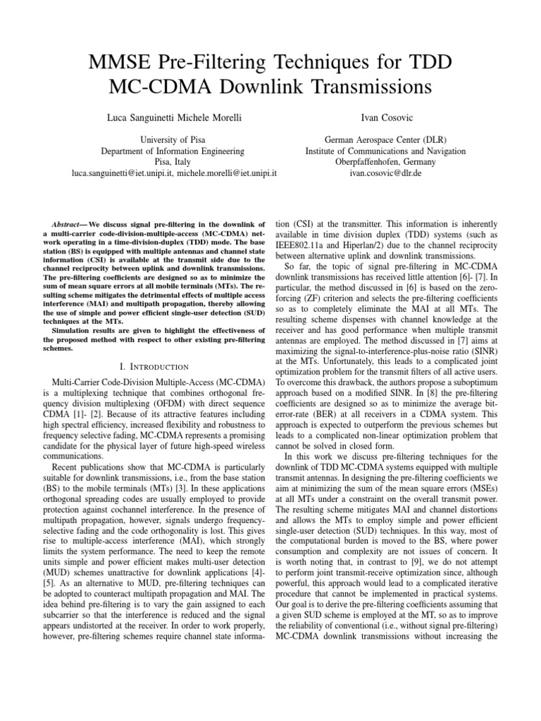 MMSE Pre-Filtering Techniques For TDD MC-CDMA Downlink Transmissions | PDF | Orthogonal ...