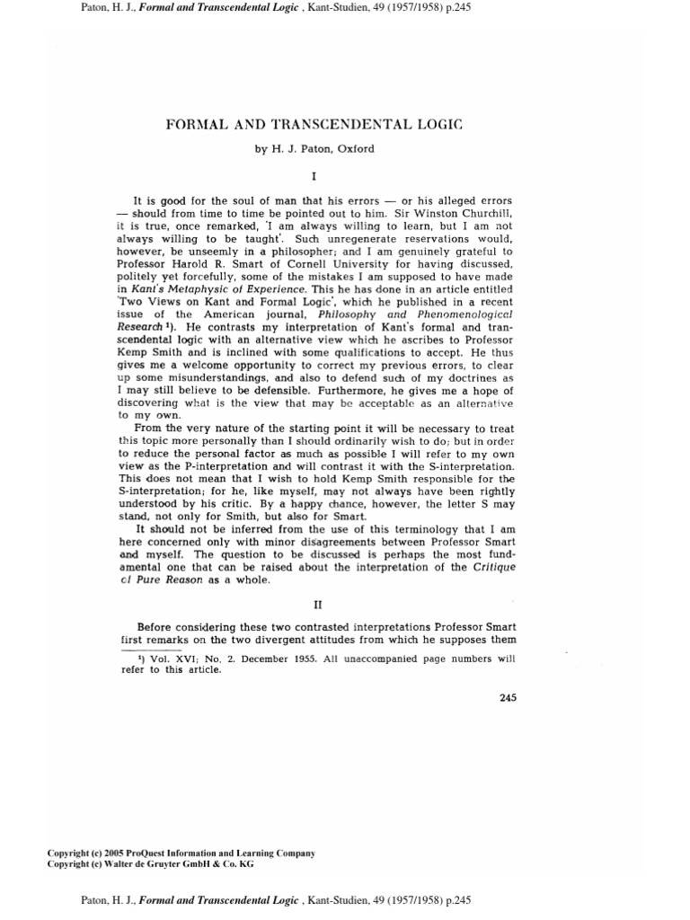PATON Formal and Transcendental Logic | PDF | Philosophy