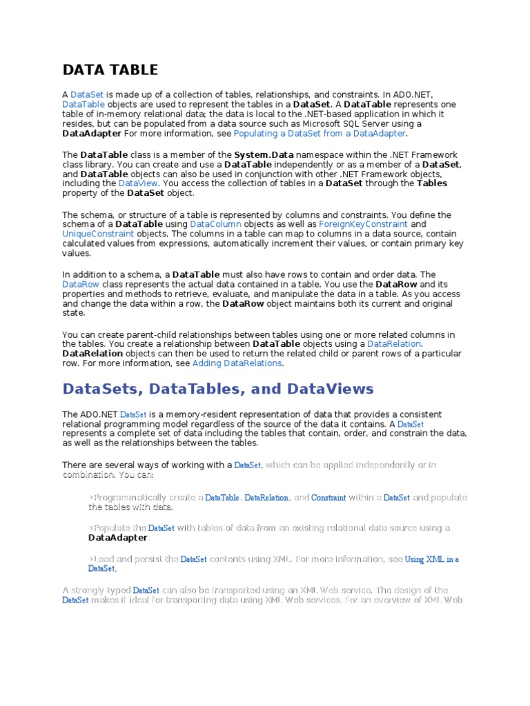 Data Table: Datasets, Datatables, and Dataviews | PDF | Xml Schema ...