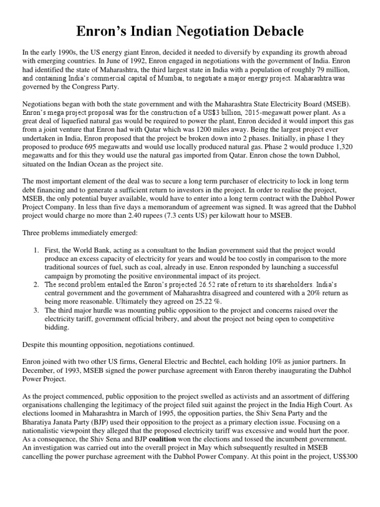 Enron's Failed Dabhol Power Project in India: A Case Study in ...