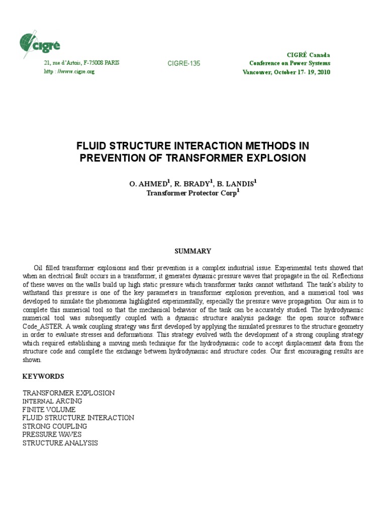 Cigre 135 Fluid Structure Interaction Methods In Prevention Of Transformer Explosion Pdf 
