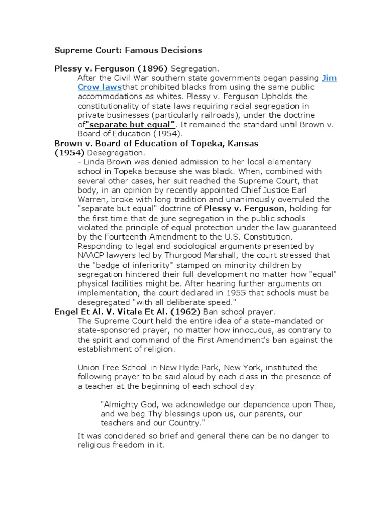 Supreme Court - Famous Decisions | PDF | Brown V. Board Of Education ...