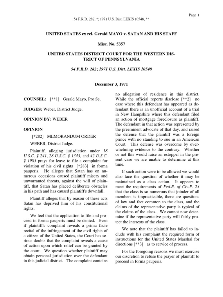 Lawsuit Against Satan | PDF | Complaint | Lawsuit