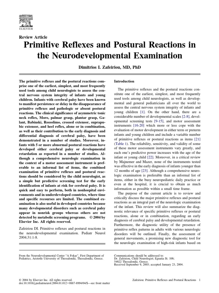 Primitive Reflexes and Postural Reactions in The Neurodevelopmental ...