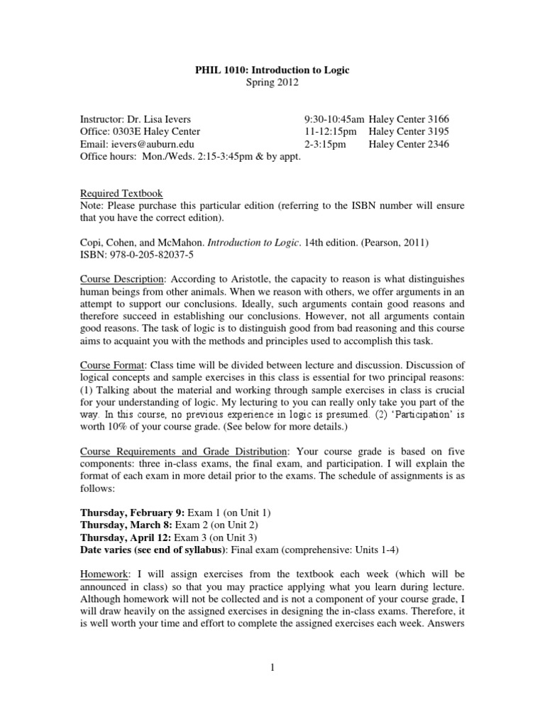 Spring 2012 Intro To Logic Syllabus | PDF | Validity | Argument