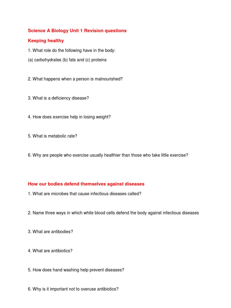 Science A Biology Unit 1 Revision Questions Keeping Healthy | PDF ...