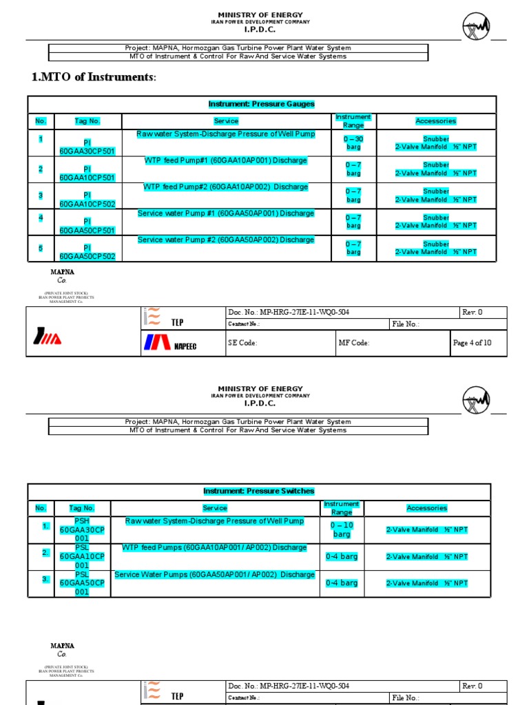 MTO for Hormozgan Power Plant Systems | PDF | Power Station | Machines
