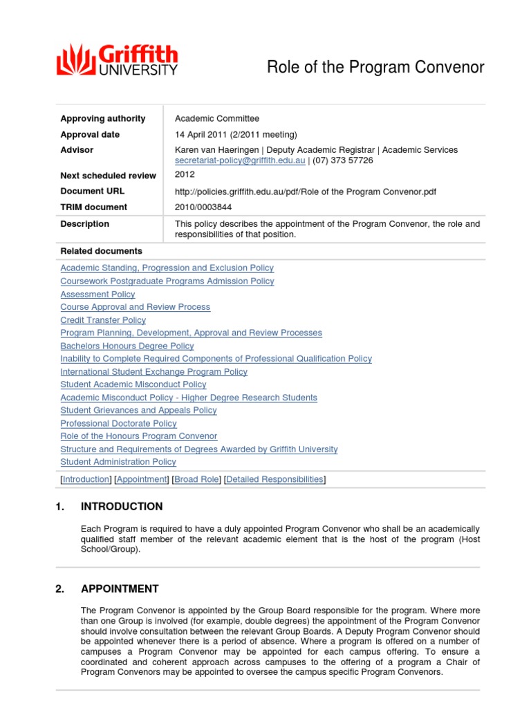 Role of the Program Convenor: Approving authority Approval date Advisor