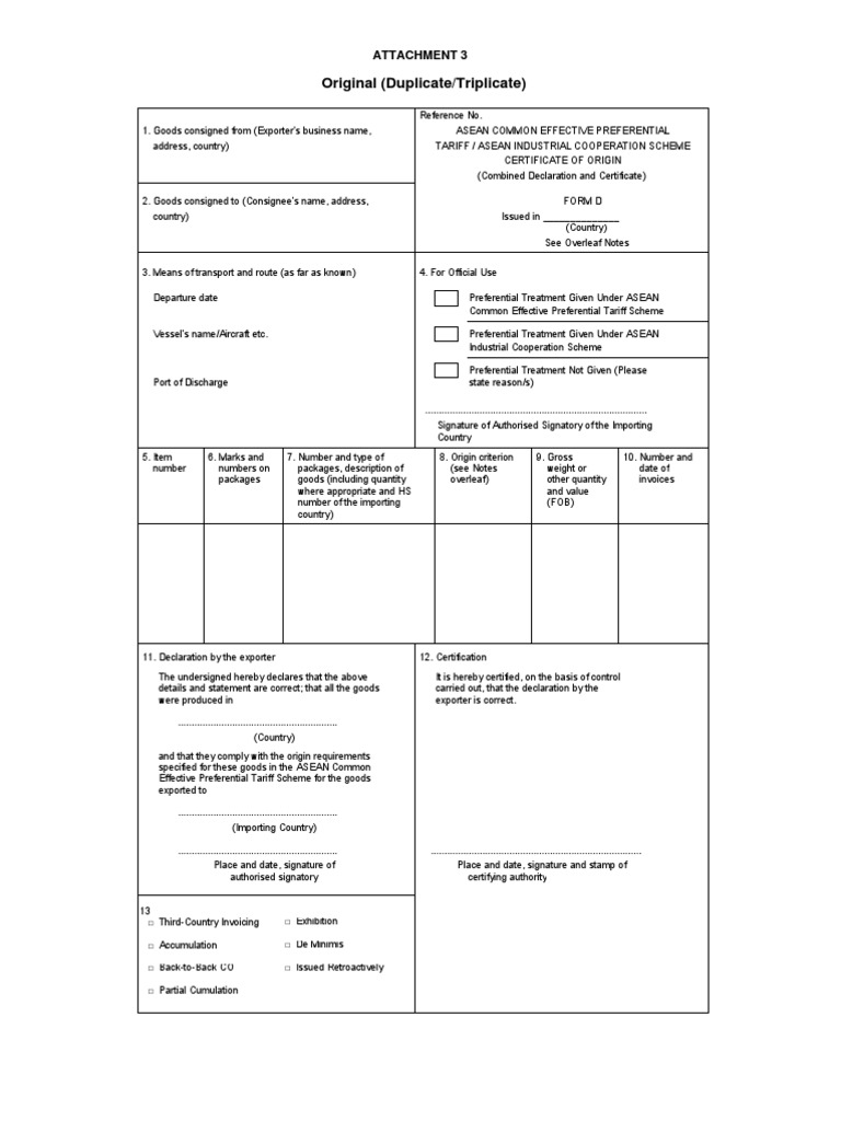 Form D Sample | PDF | Association Of Southeast Asian Nations | International Trade