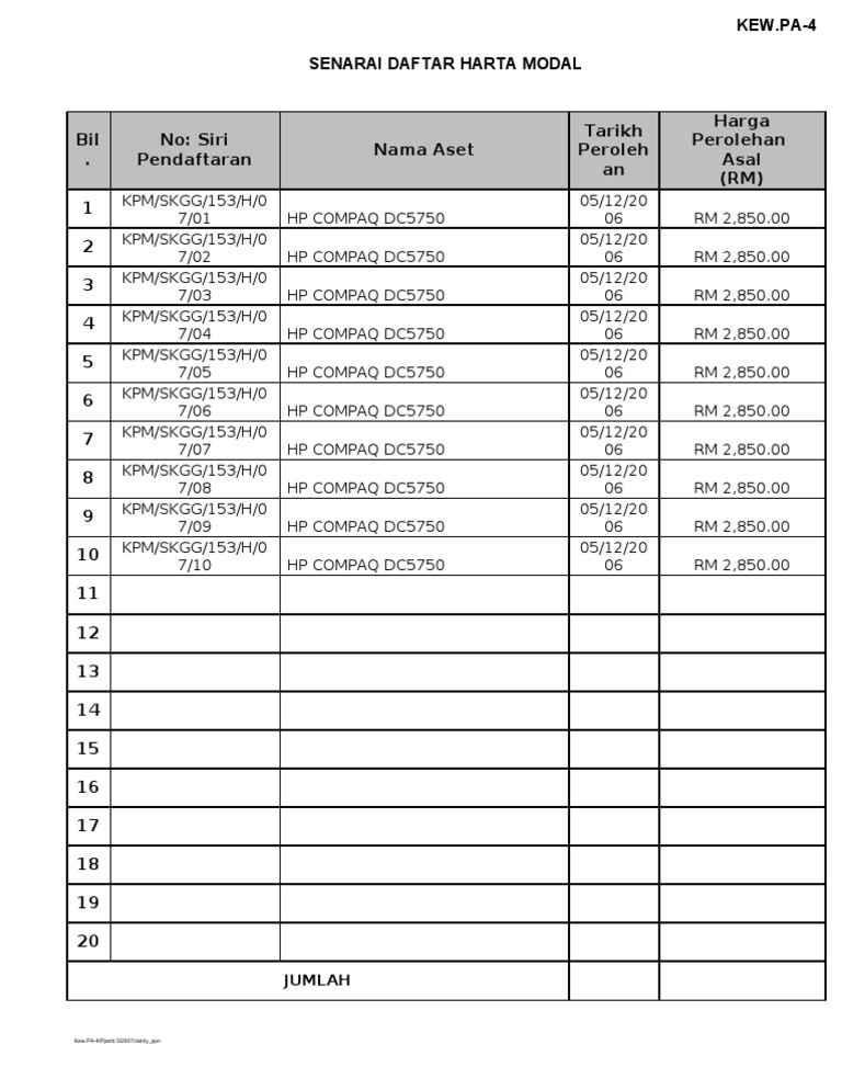 KEW - Pa-4 - Senarai Daftar Harta Modal | PDF