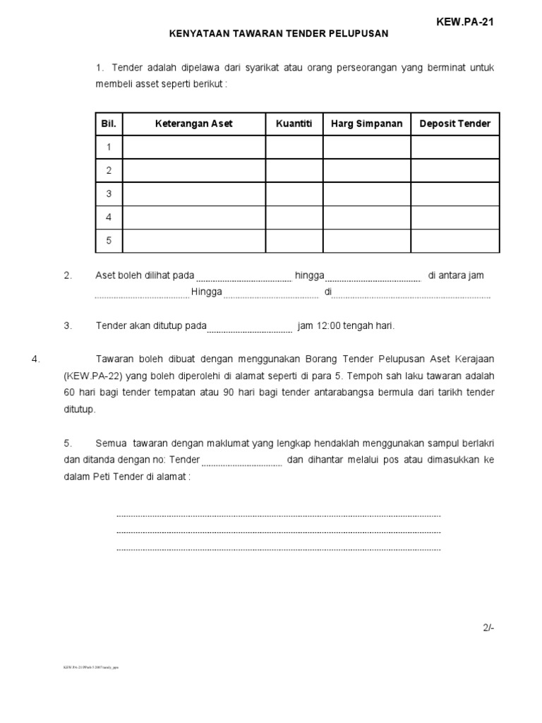 KEW - Pa-21 - Tawaran Tender Pelupusan | PDF