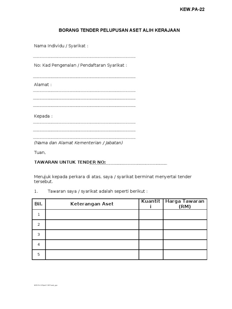 KEW - Pa-22 - Borang Tender Pelupusan | PDF