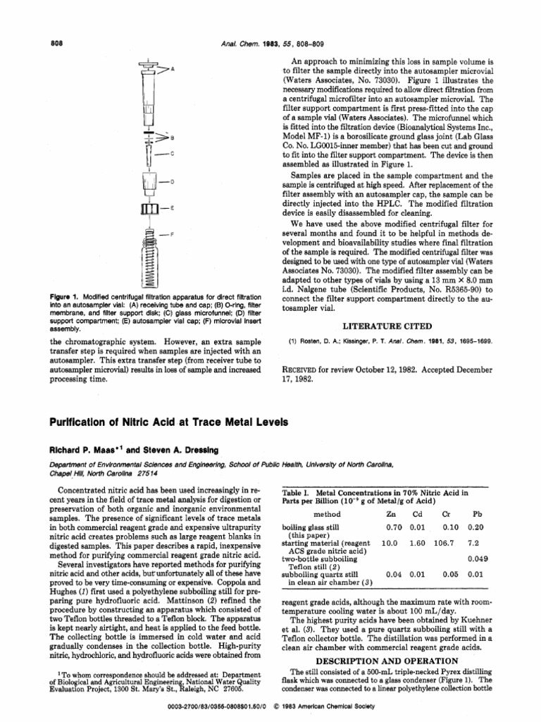 Purification of Nitric Acid at Trace Metal Levels | PDF | Distillation ...