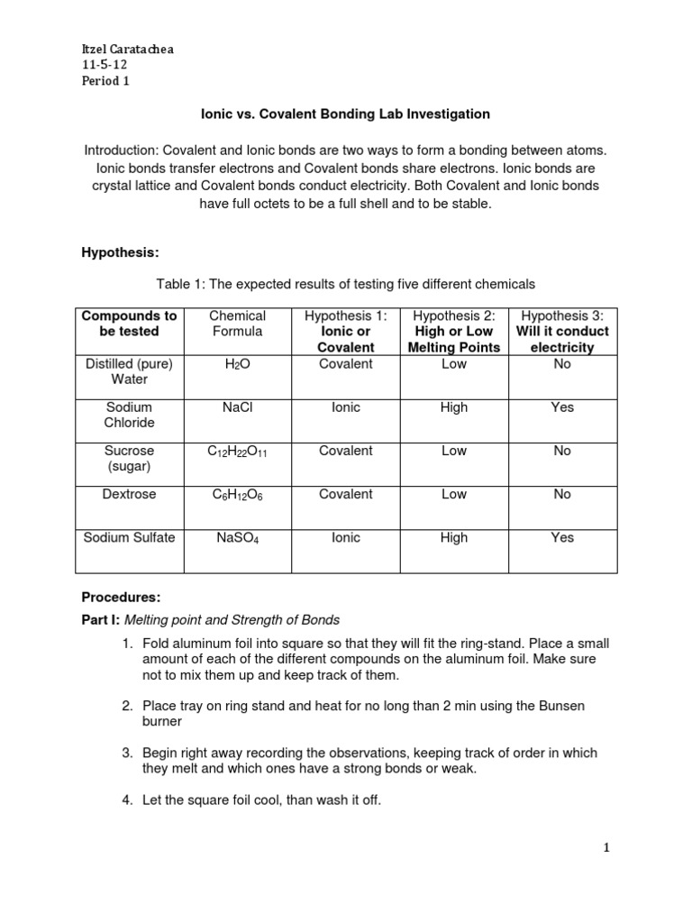 Ionic vs. Covalent Bonding Lab Investigation | PDF | Ionic Bonding ...