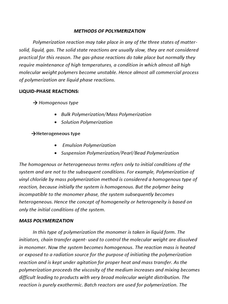 Bulk and Solution Polymerization | PDF | Polymerization | Polymers