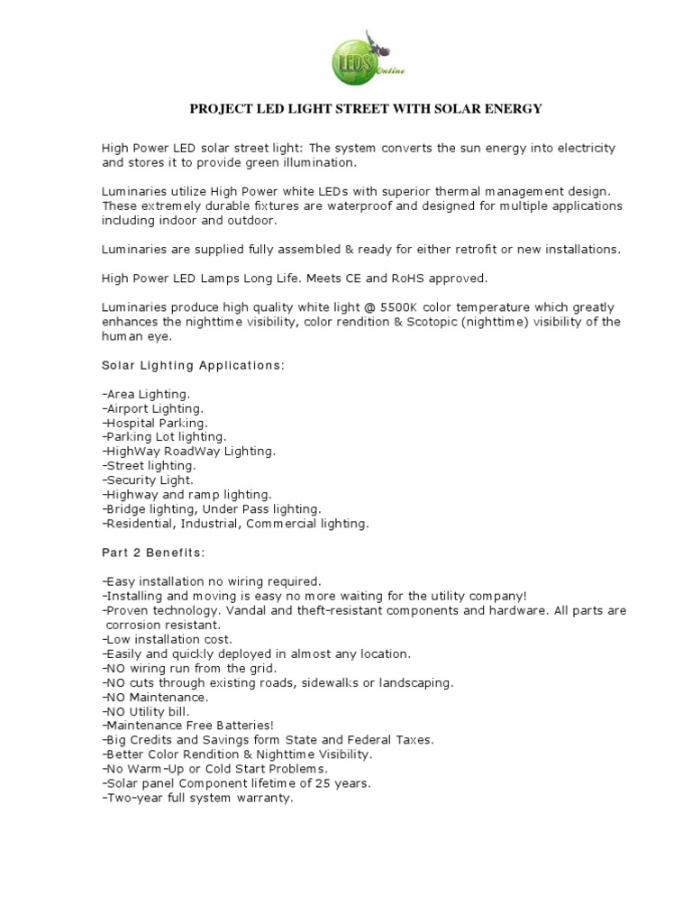 Project Led Street Light With Solar Energy | PDF | Street Light | Lighting