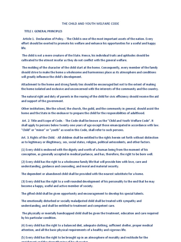 The Child and Youth Welfare Code | PDF | Natural And Legal Rights | Parent