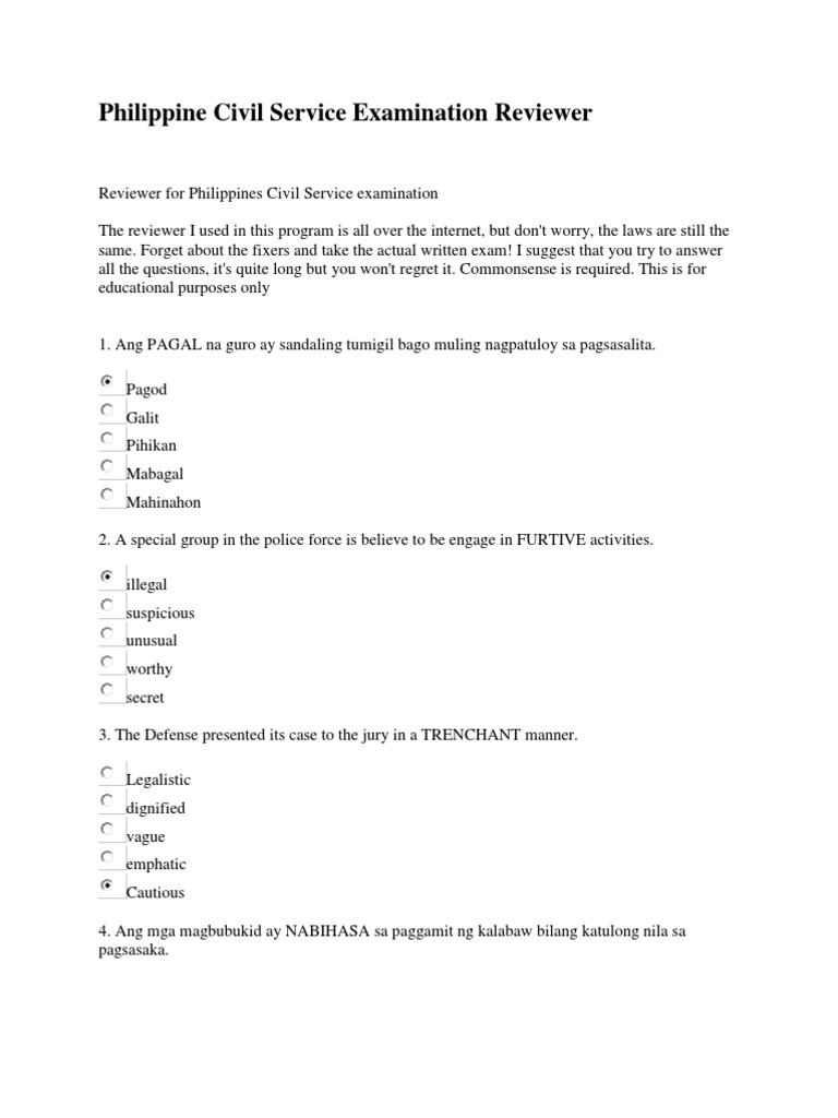 Philippine Civil Service Examination Reviewer | PDF | Civil And ...