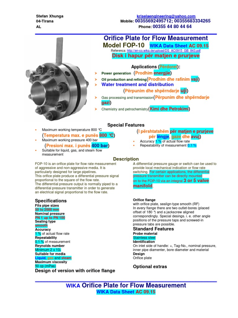 Orifice Plate For Flow Measurement | PDF | Flow Measurement | Pressure ...